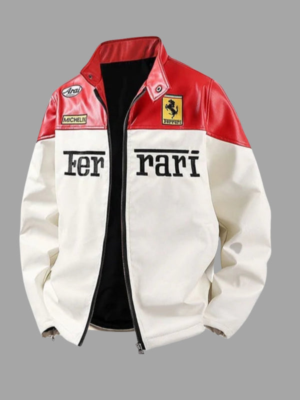 White & Red Ferrari® Racing Leather Jacket | Maison Feraia F1 Edition